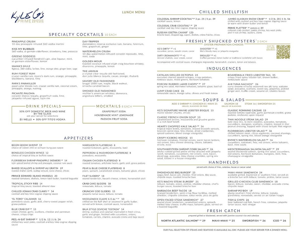 Menu at Kyle G's Prime Seafood & Steaks steakhouse, Jensen Beach