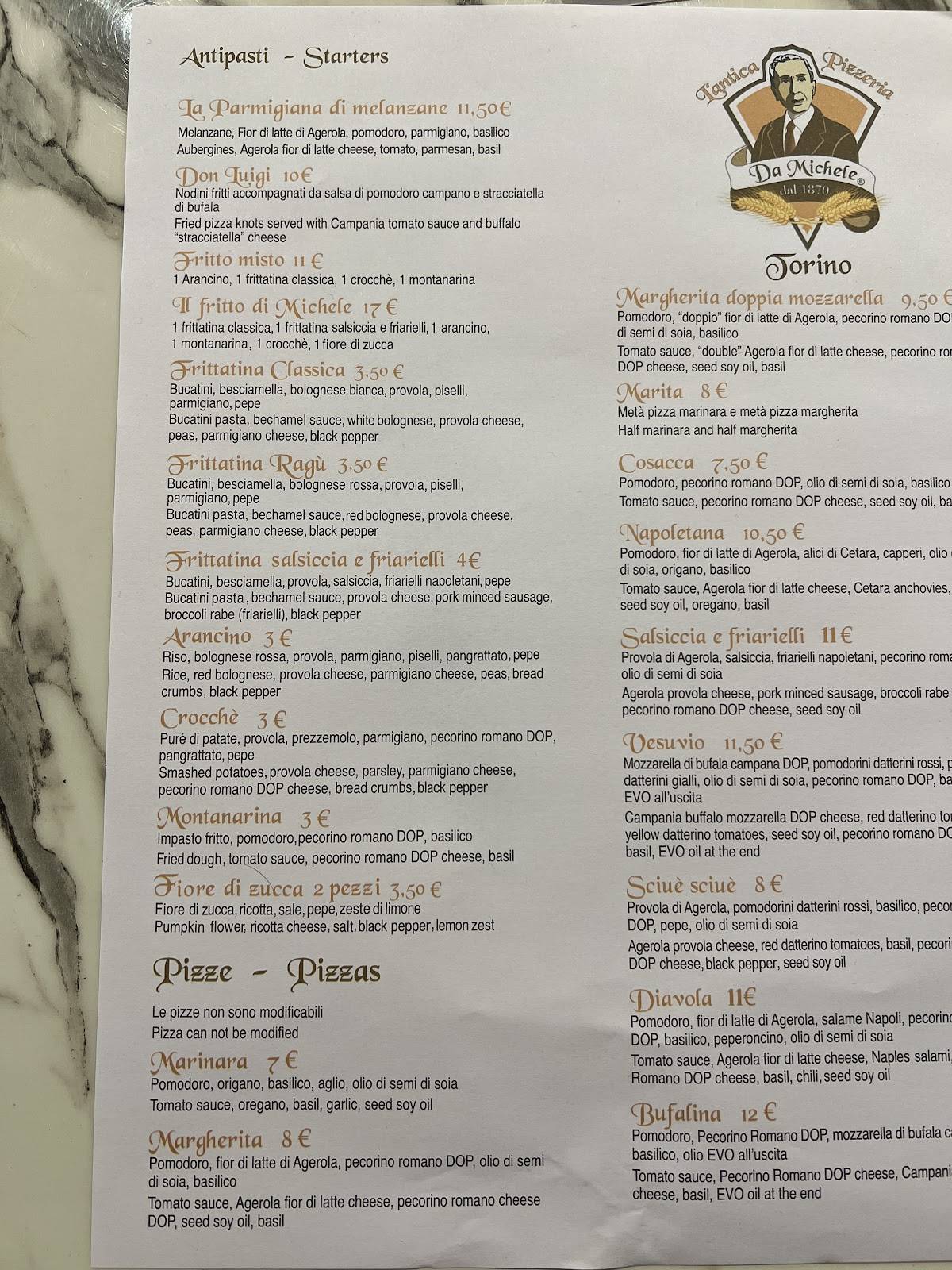 Menu da L'Antica pizzeria da Michele, Torino