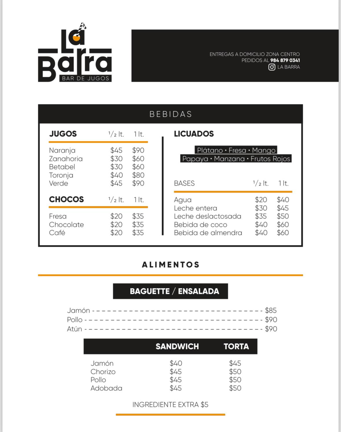 Menu at LA BARRA juice bar, Aguascalientes