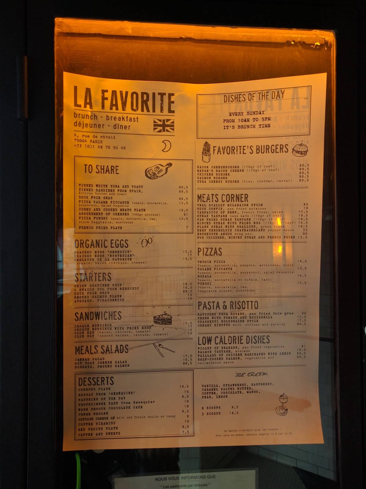 Menu at La Favorite Saint-Paul cafe, Paris, 4 Rue de Rivoli