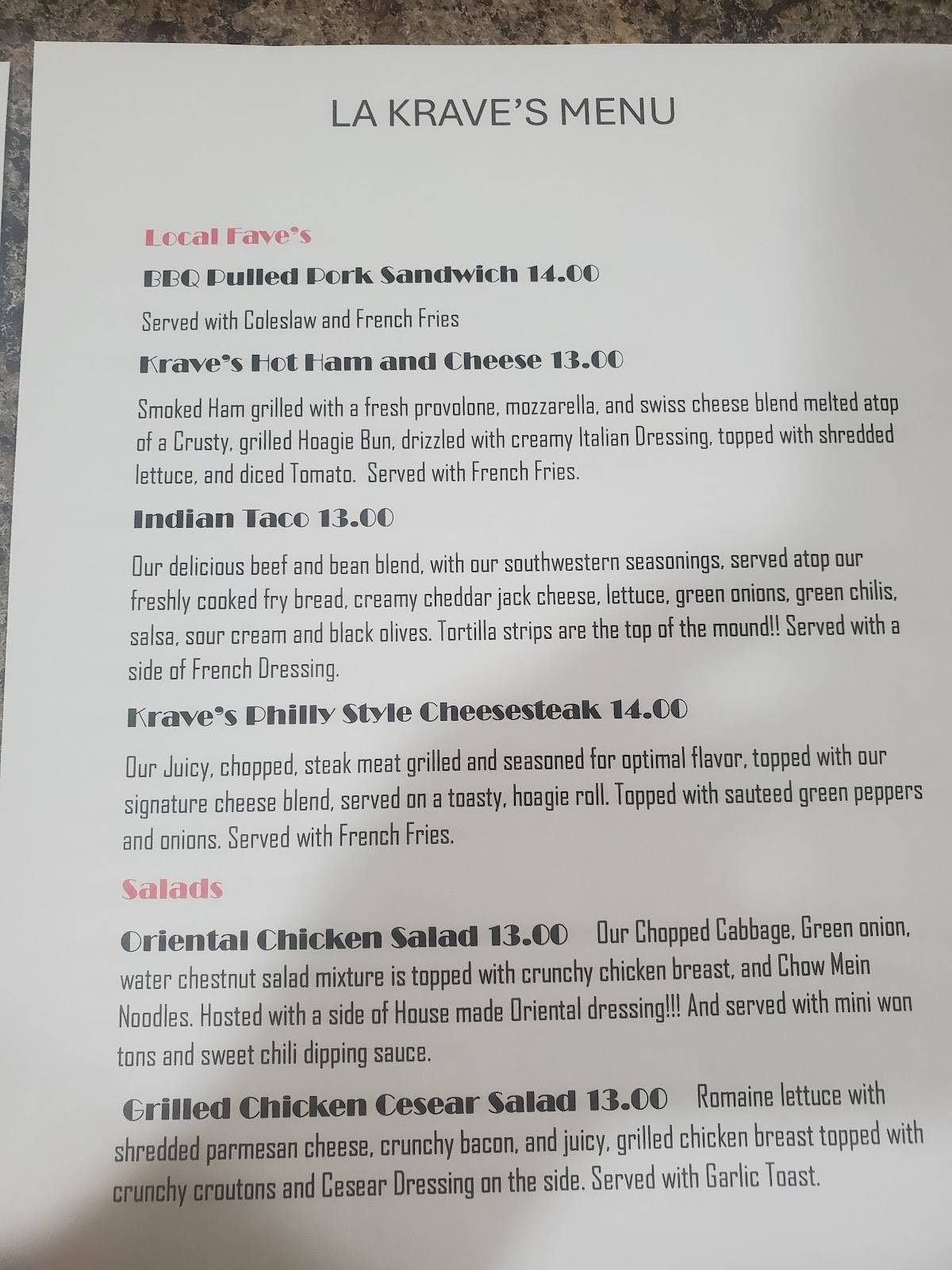 Menu at LA KRAVE'S restaurant, Rockwell City