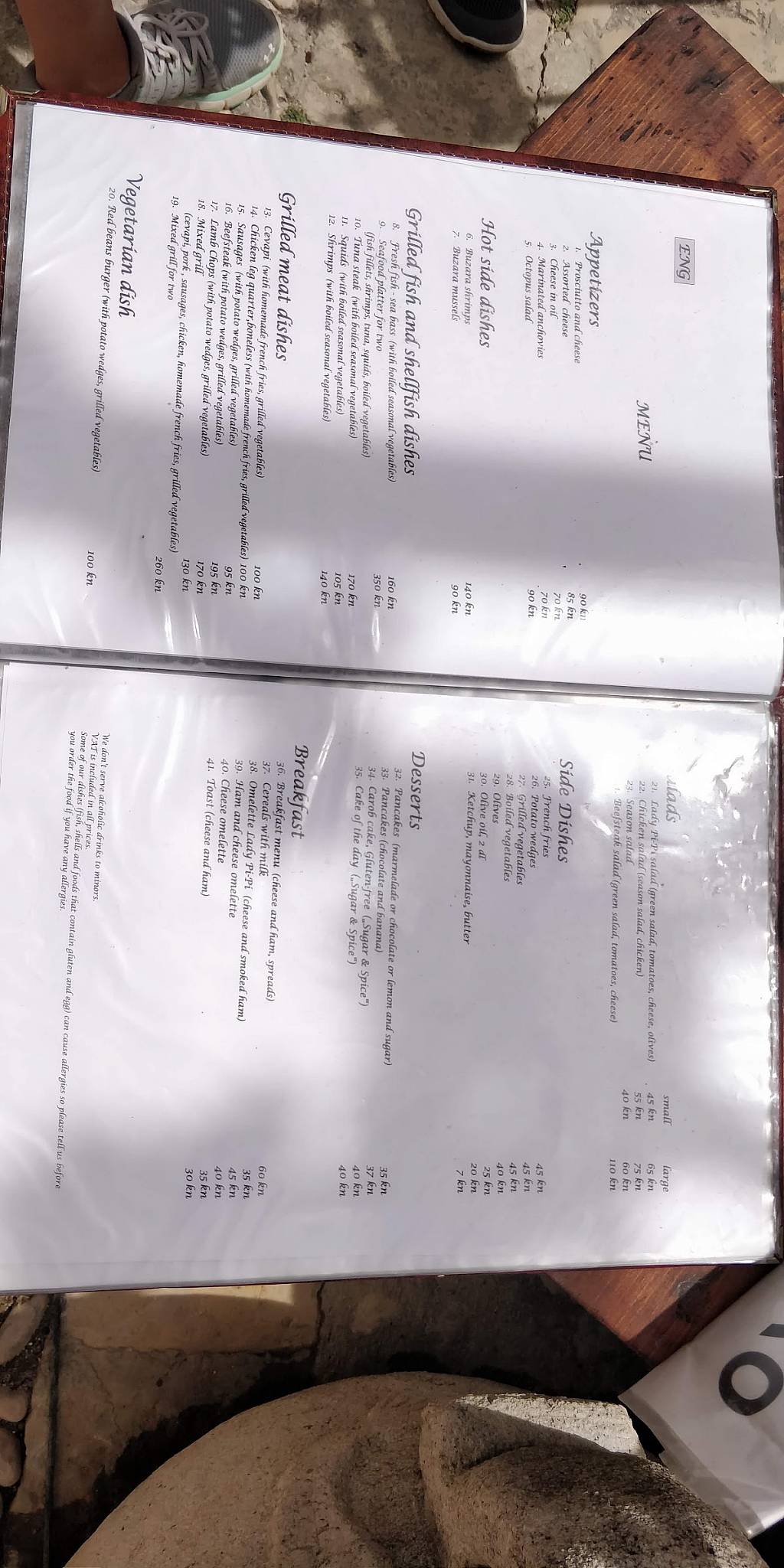 Menu at LADY PI-PI restaurant, Dubrovnik