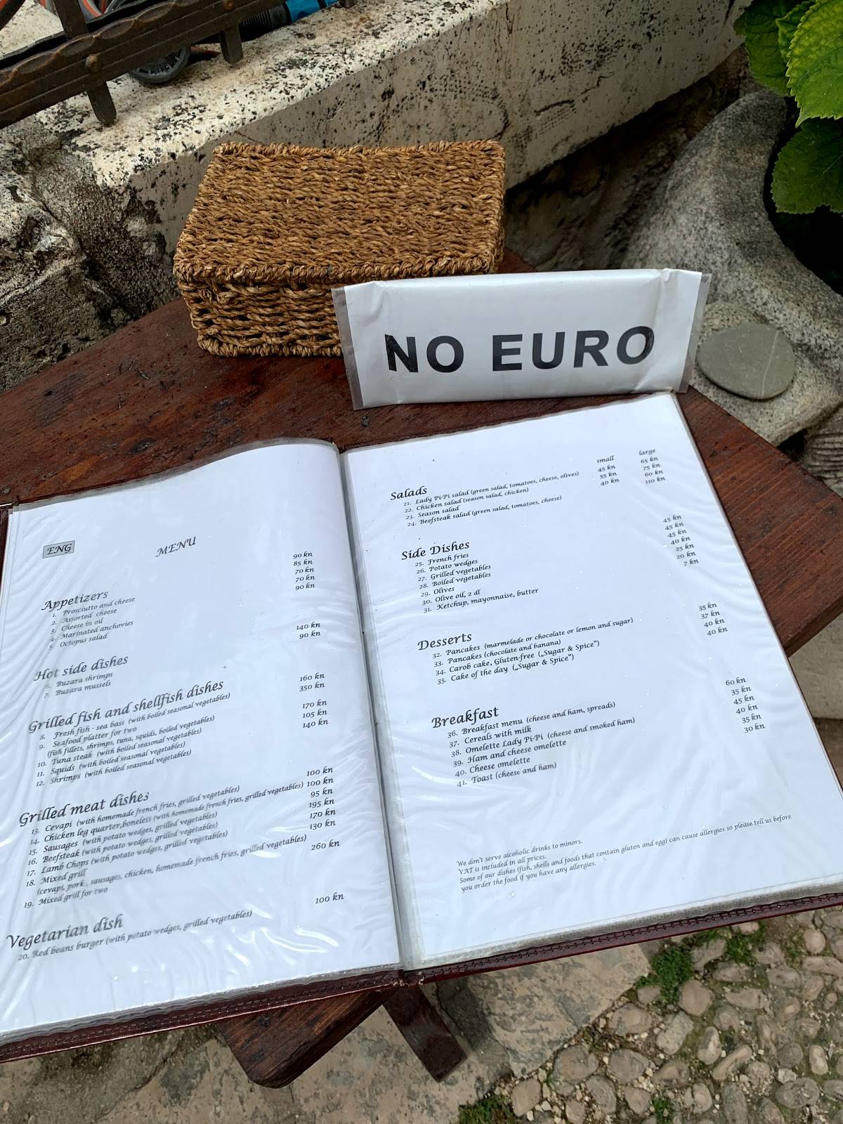 Menu at LADY PI-PI restaurant, Dubrovnik