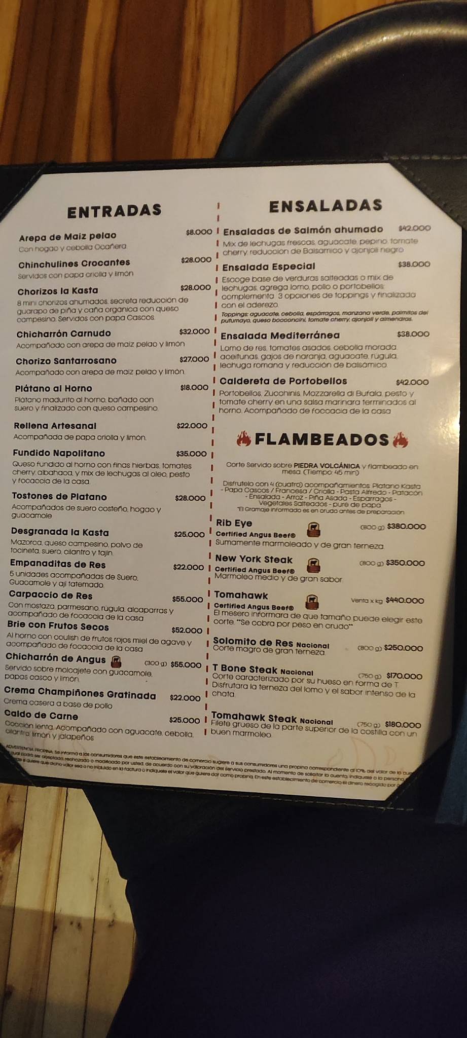 Carta del restaurante La Kasta Parkway, Bogotá