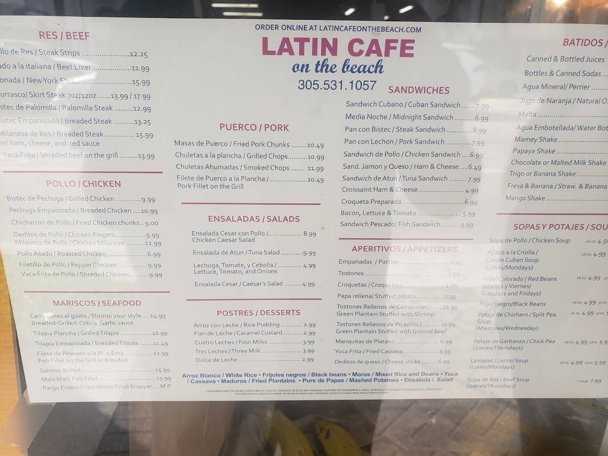 Menu at LATIN CAFÉ restaurant, Miami Beach, 441 41st St