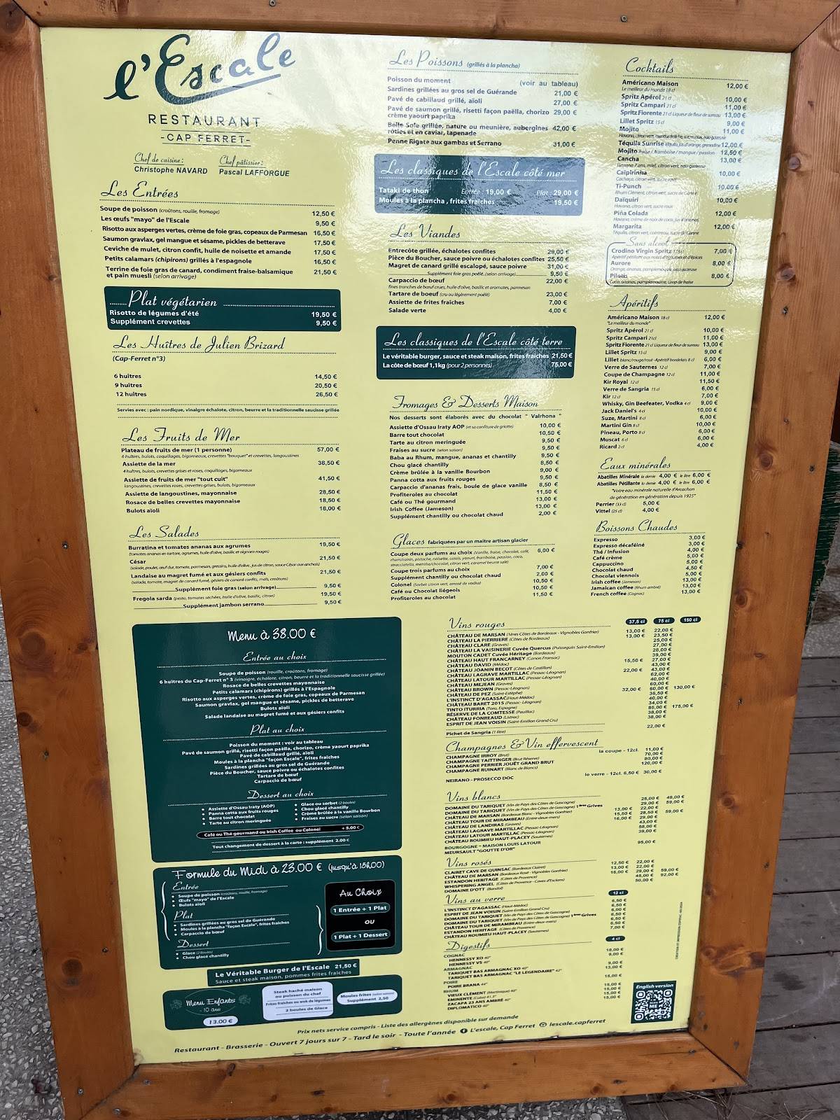 Menu au Restaurant L'Escale, Lège-Cap-Ferret, 2 avenue de l’Océan