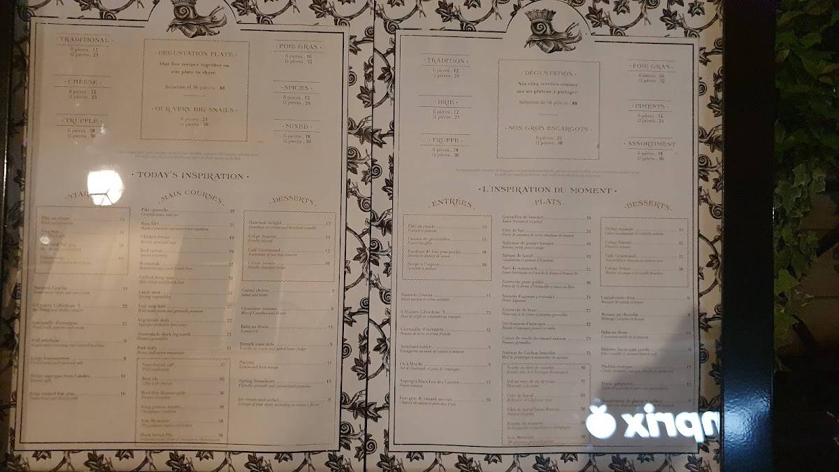 Menu at L'Escargot restaurant, Paris, 38 Rue Montorgueil