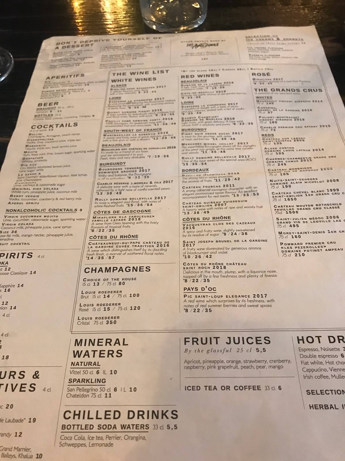 Menu at L'Escargot restaurant, Paris, 38 Rue Montorgueil