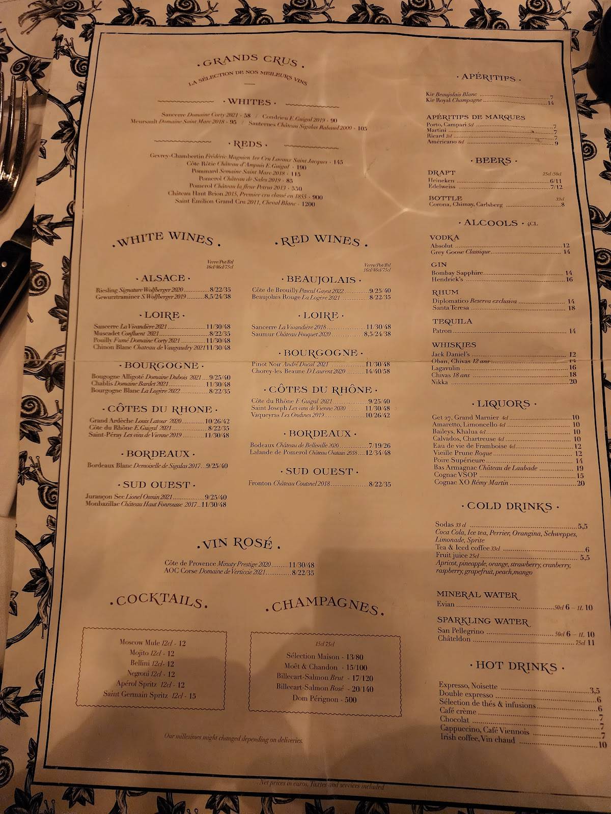 Menu at L'Escargot restaurant, Paris, 38 Rue Montorgueil