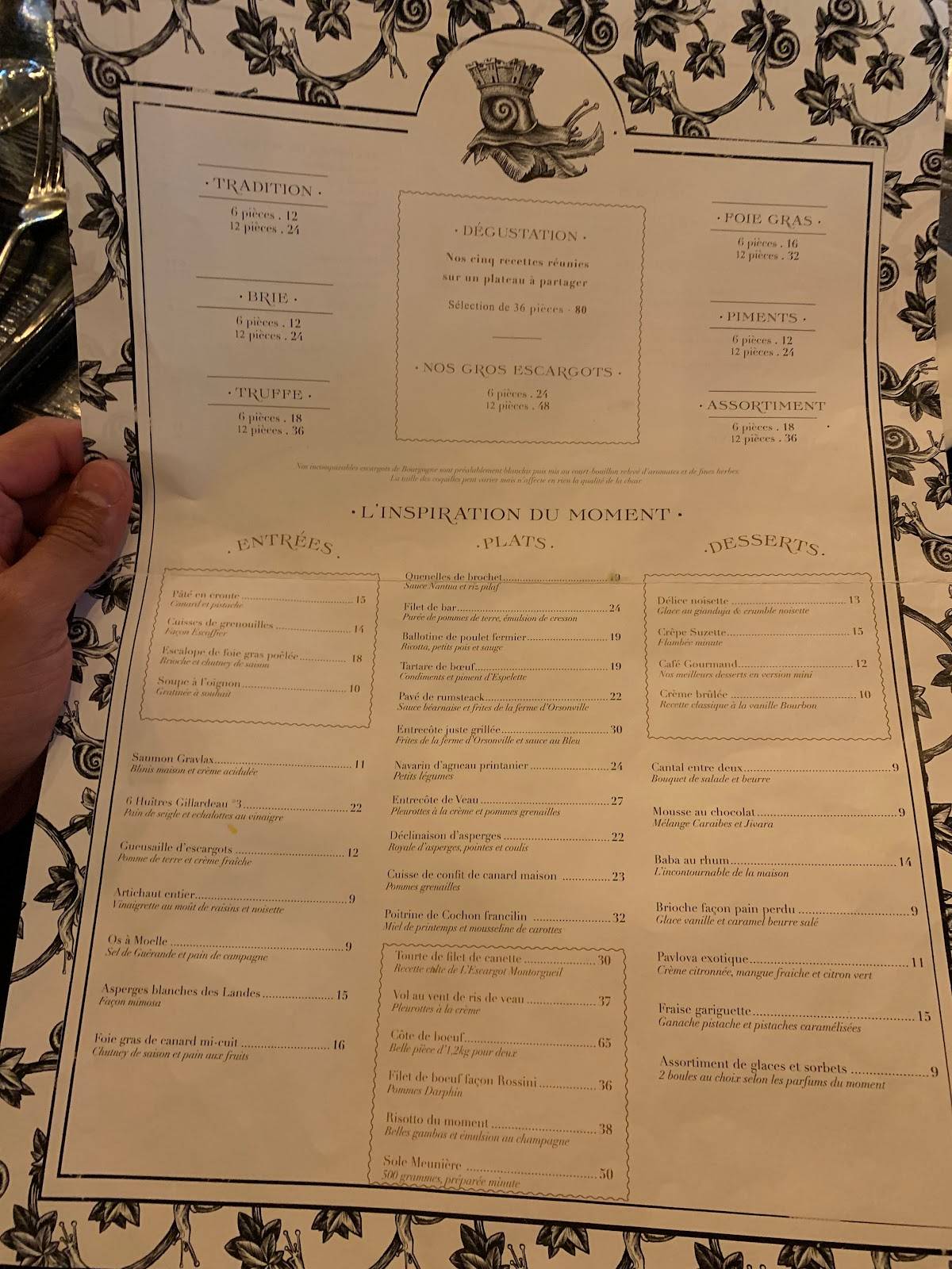Menu at L'Escargot restaurant, Paris, 38 Rue Montorgueil