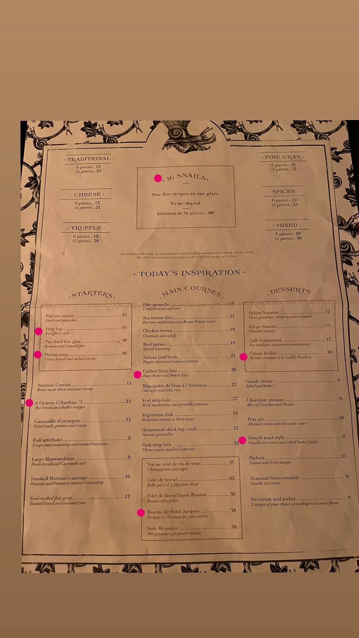 Menu at L'Escargot restaurant, Paris, 38 Rue Montorgueil
