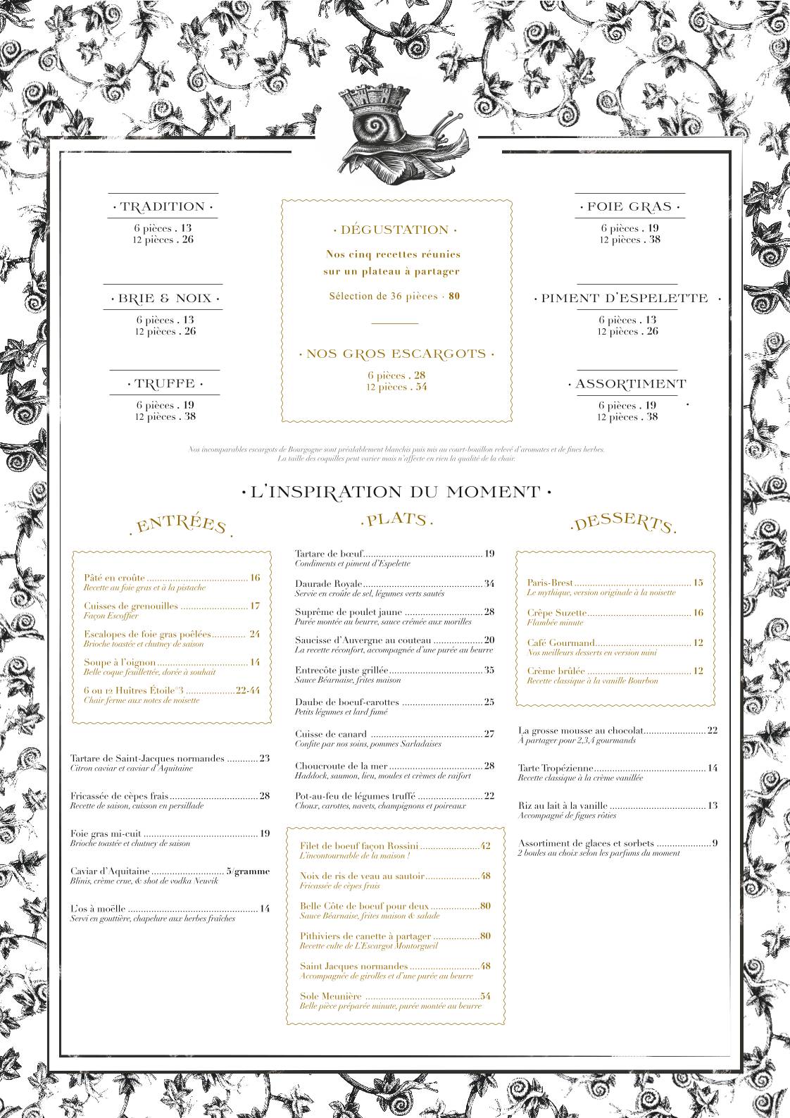 Menu at L'Escargot restaurant, Paris, 38 Rue Montorgueil