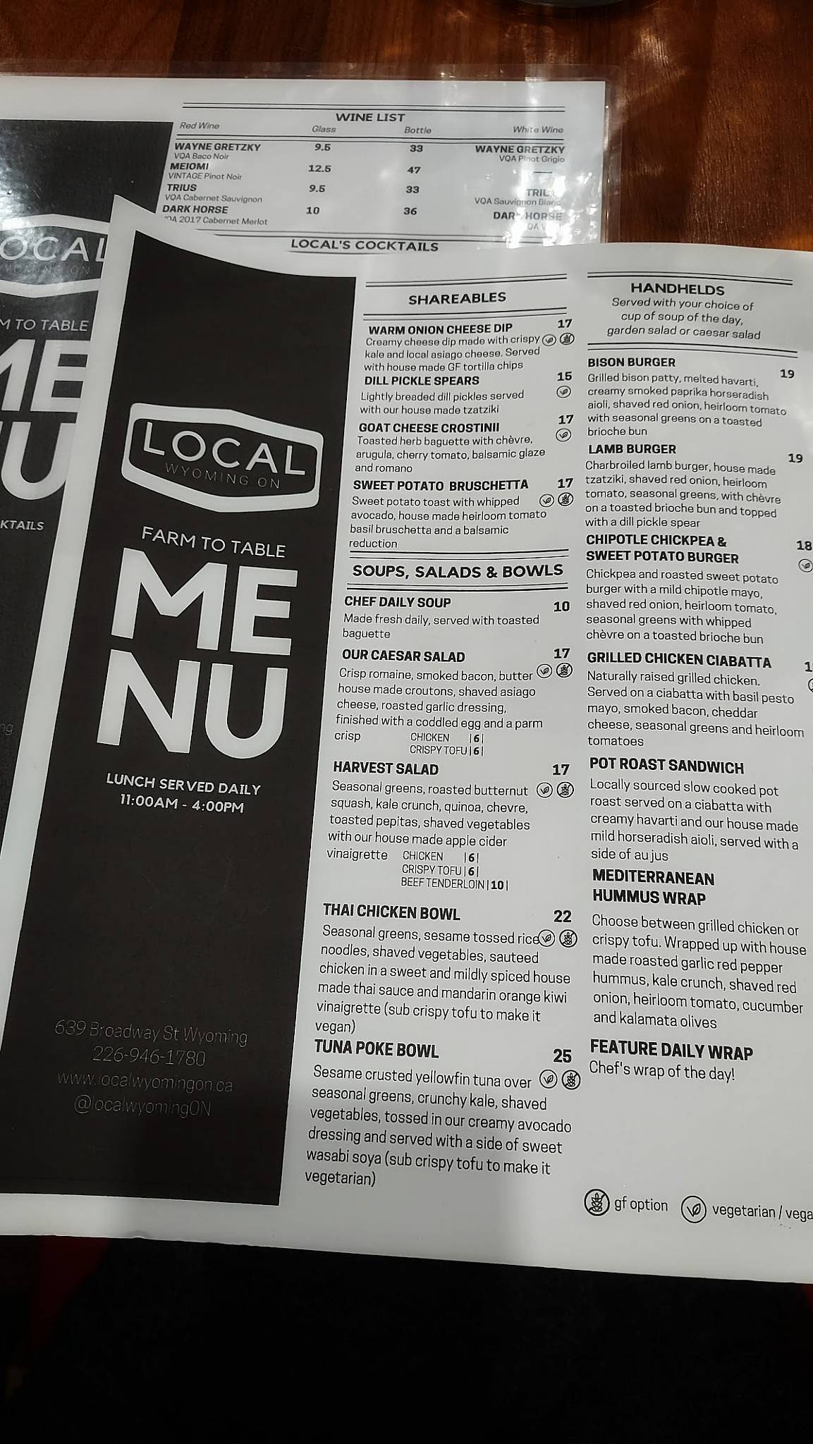 Menu at LOCAL Wyoming ON restaurant, Plympton-Wyoming