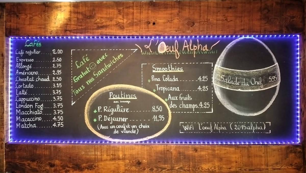 Menu au L'Œuf Alpha restaurant, Montréal