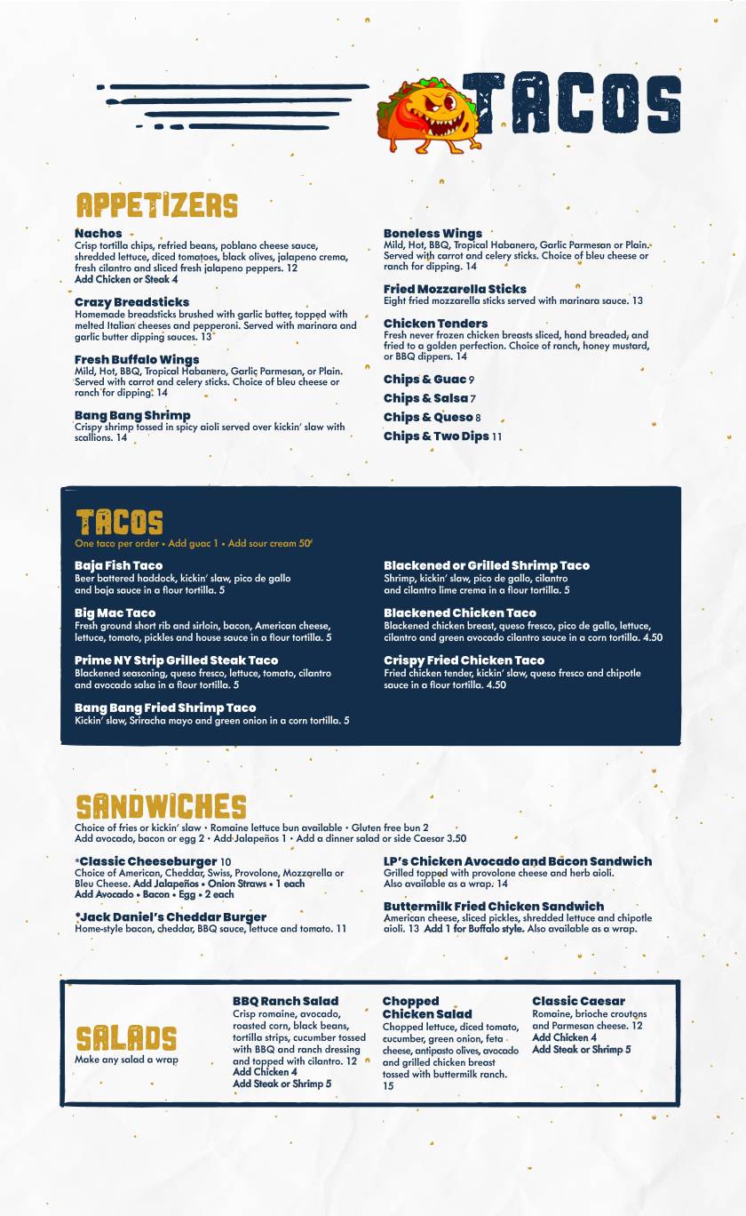 Menu at LP’s T.A.P. House pizzeria, Chicago
