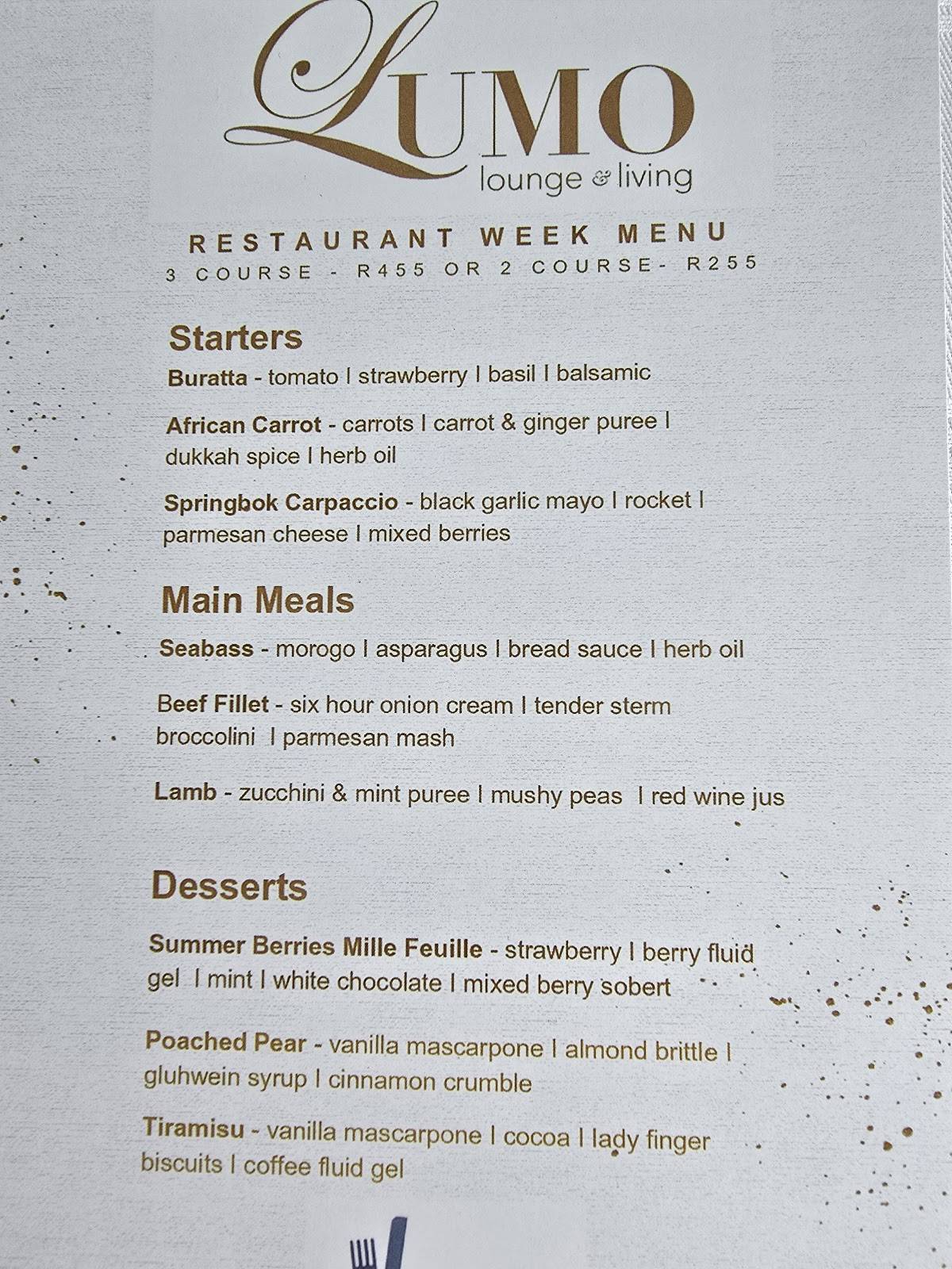 Menu at LUMO lounge&living RUIMSIG restaurant, Roodepoort