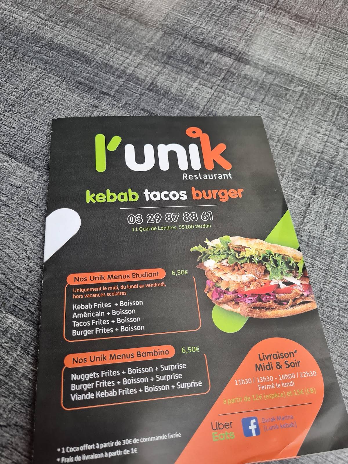 Menu au L'Unik Kebab restaurant, Verdun