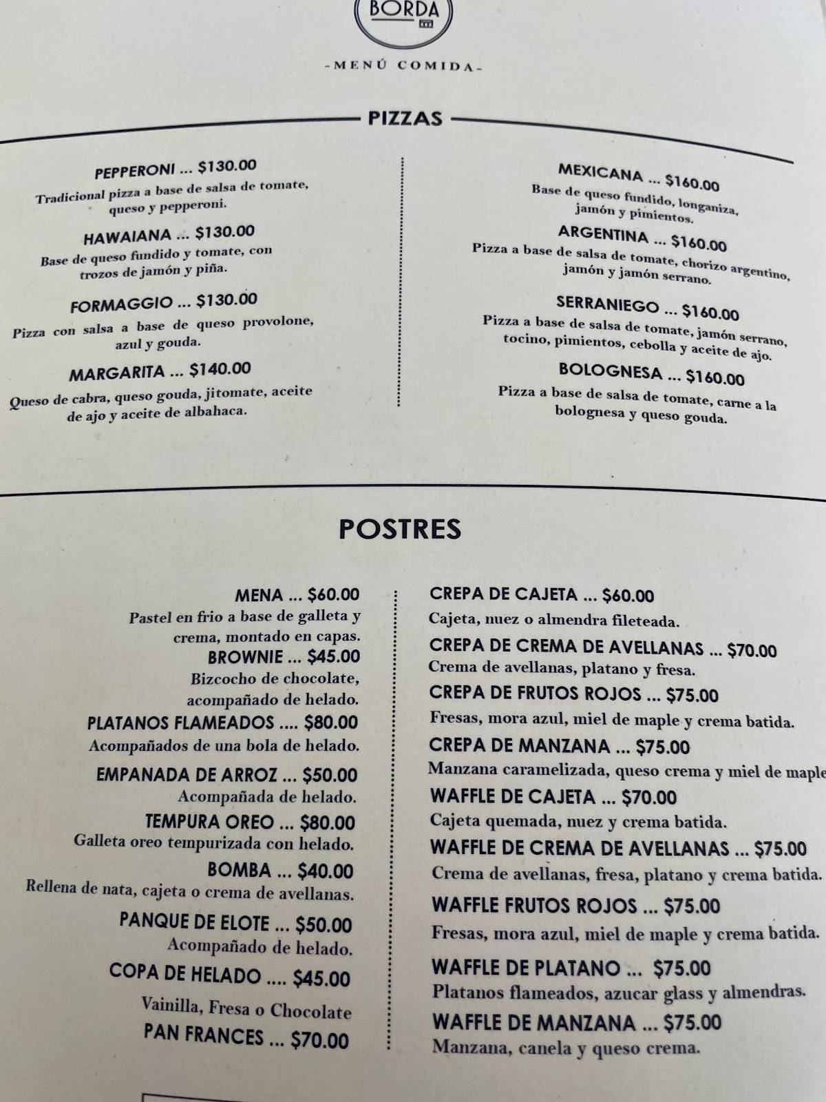 Carta del restaurante La Borda, Orizaba