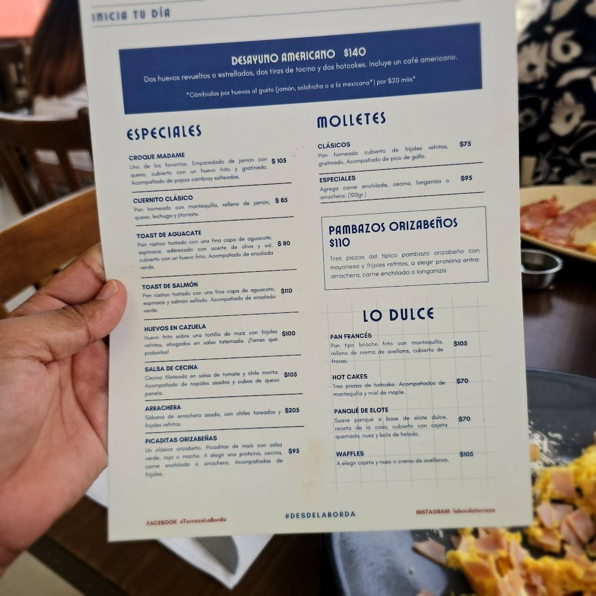 Carta del restaurante La Borda, Orizaba