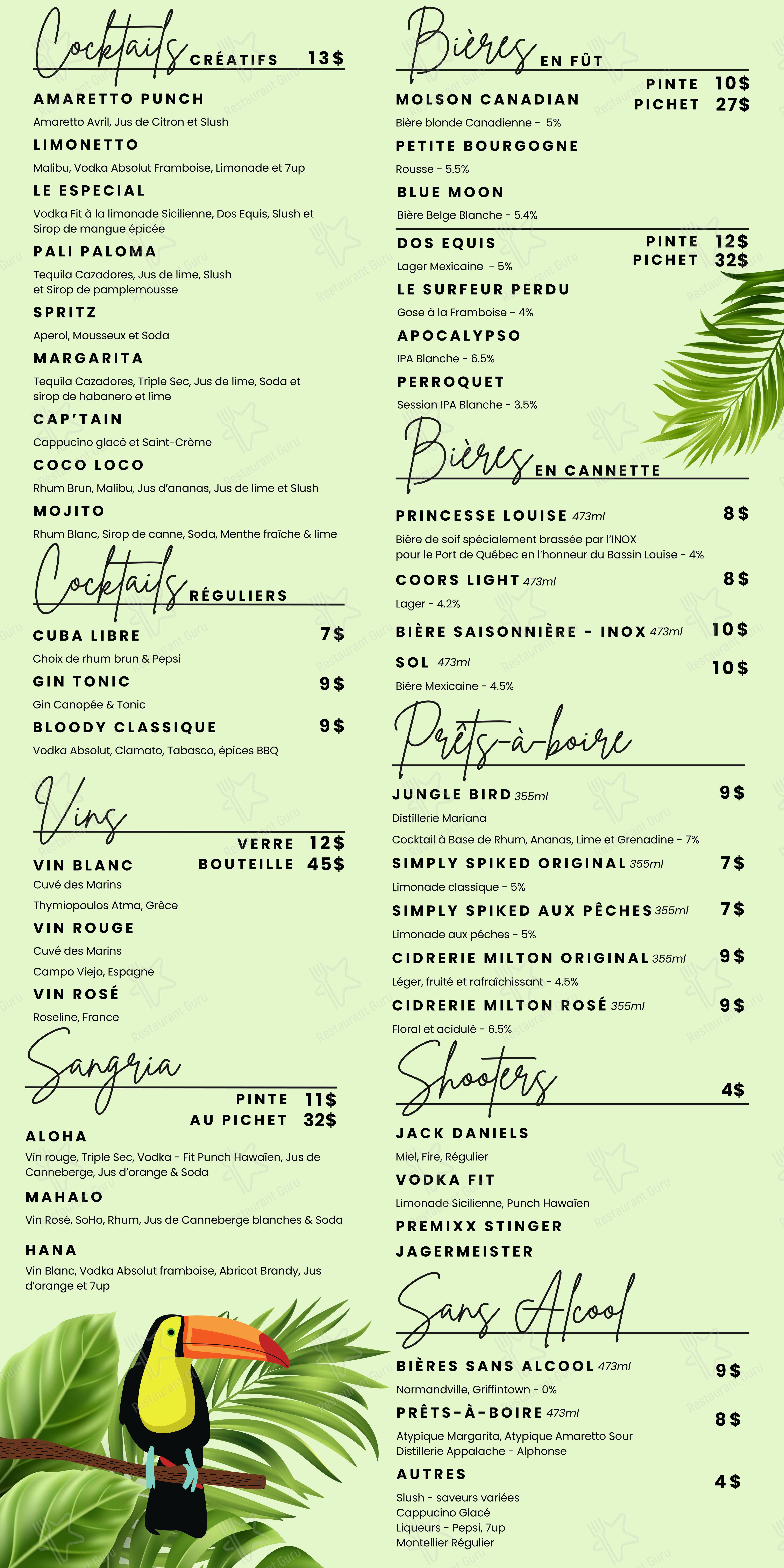 Menu au La Cale du Port de Québec pub et bar, Québec
