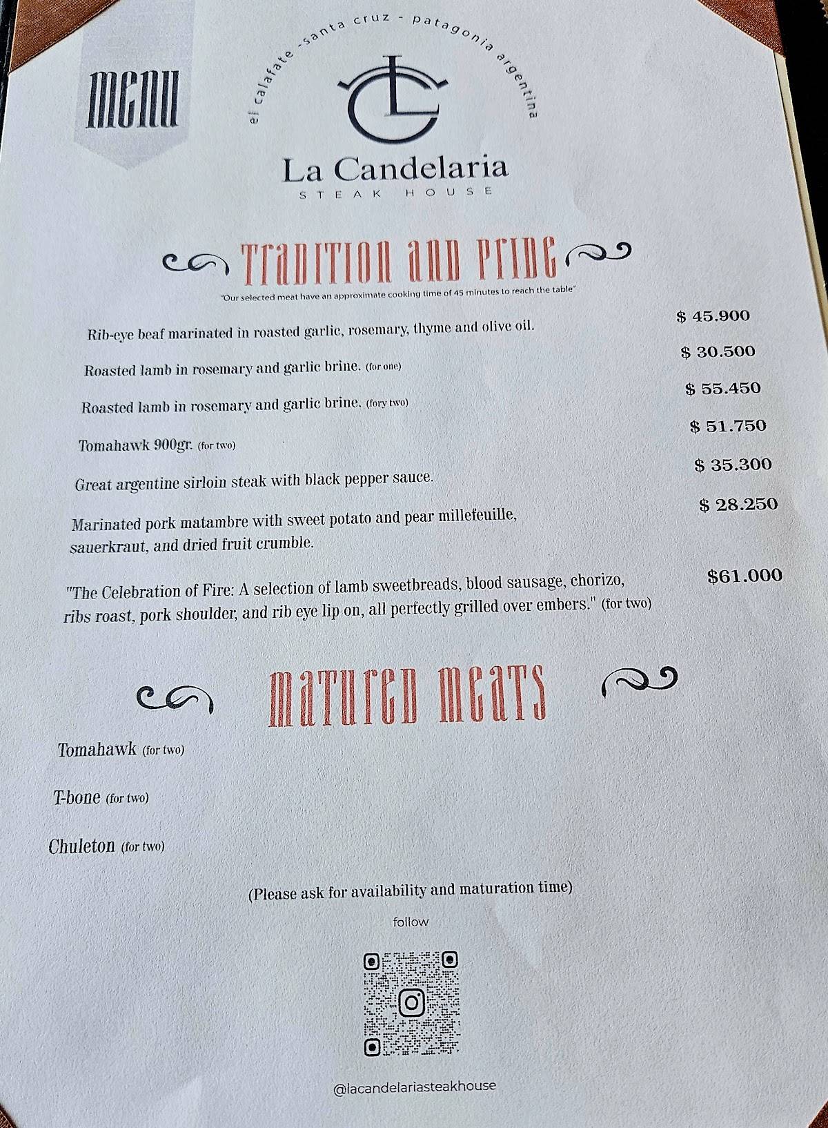 Menu at La Candelaria restaurant, El Calafate