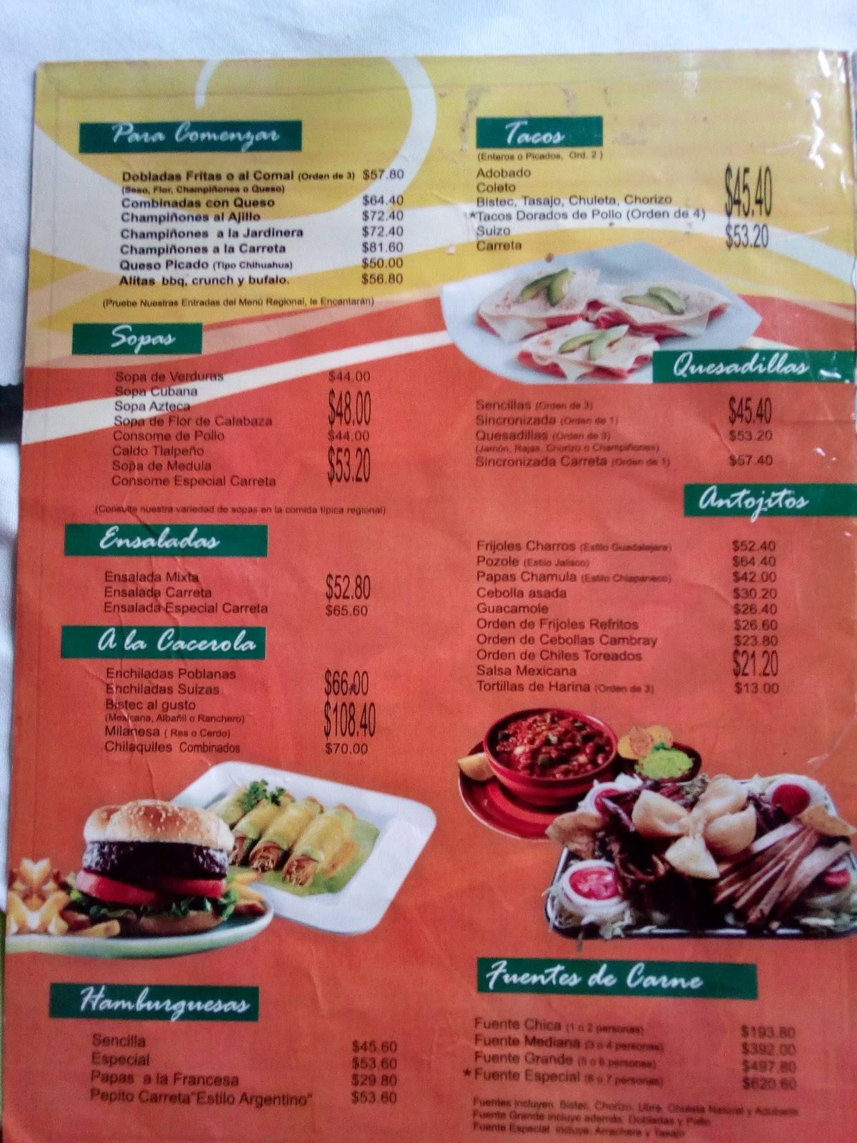 Carta del restaurante La Carreta, Tuxtla Gutiérrez