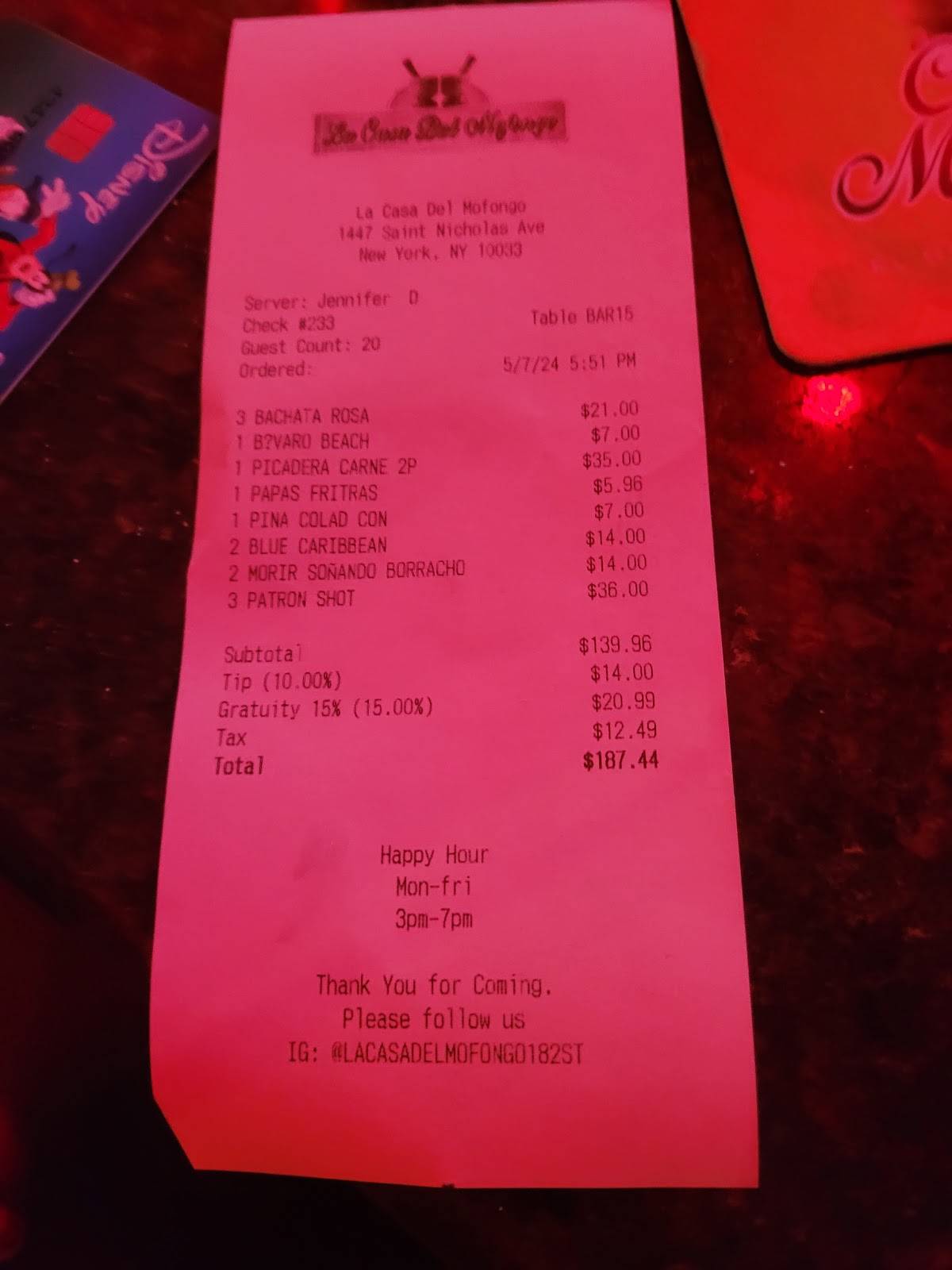 Menu at La Casa Del Mofongo restaurant, New York City