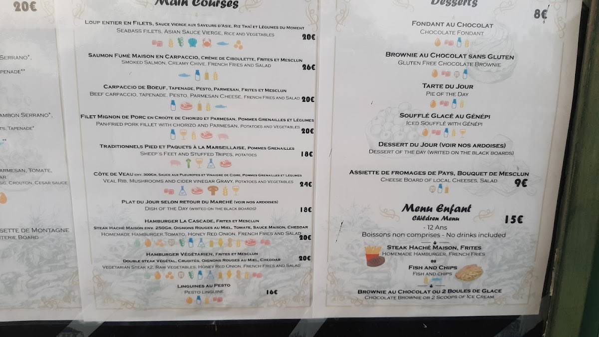 Menu au La Cascade restaurant, Moustiers-Sainte-Marie