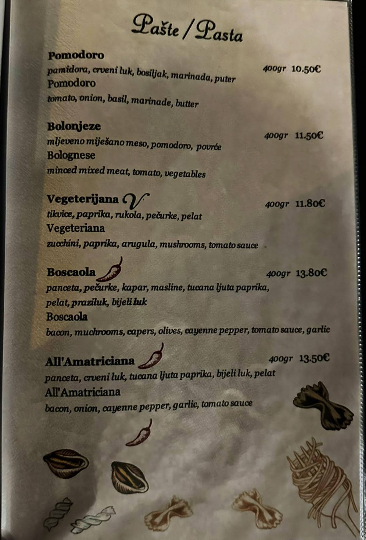 Menu au La Catedral Pasta Bar, Kotor
