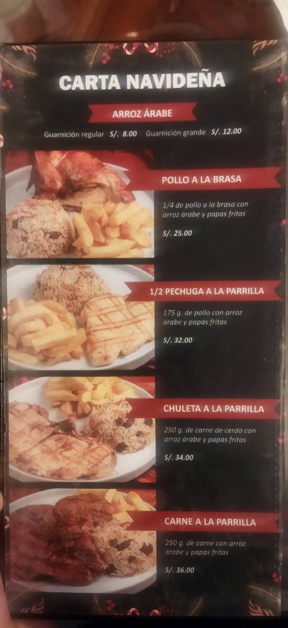 Carta del restaurante La Cena, Cajamarca, Mariano Melgar 105