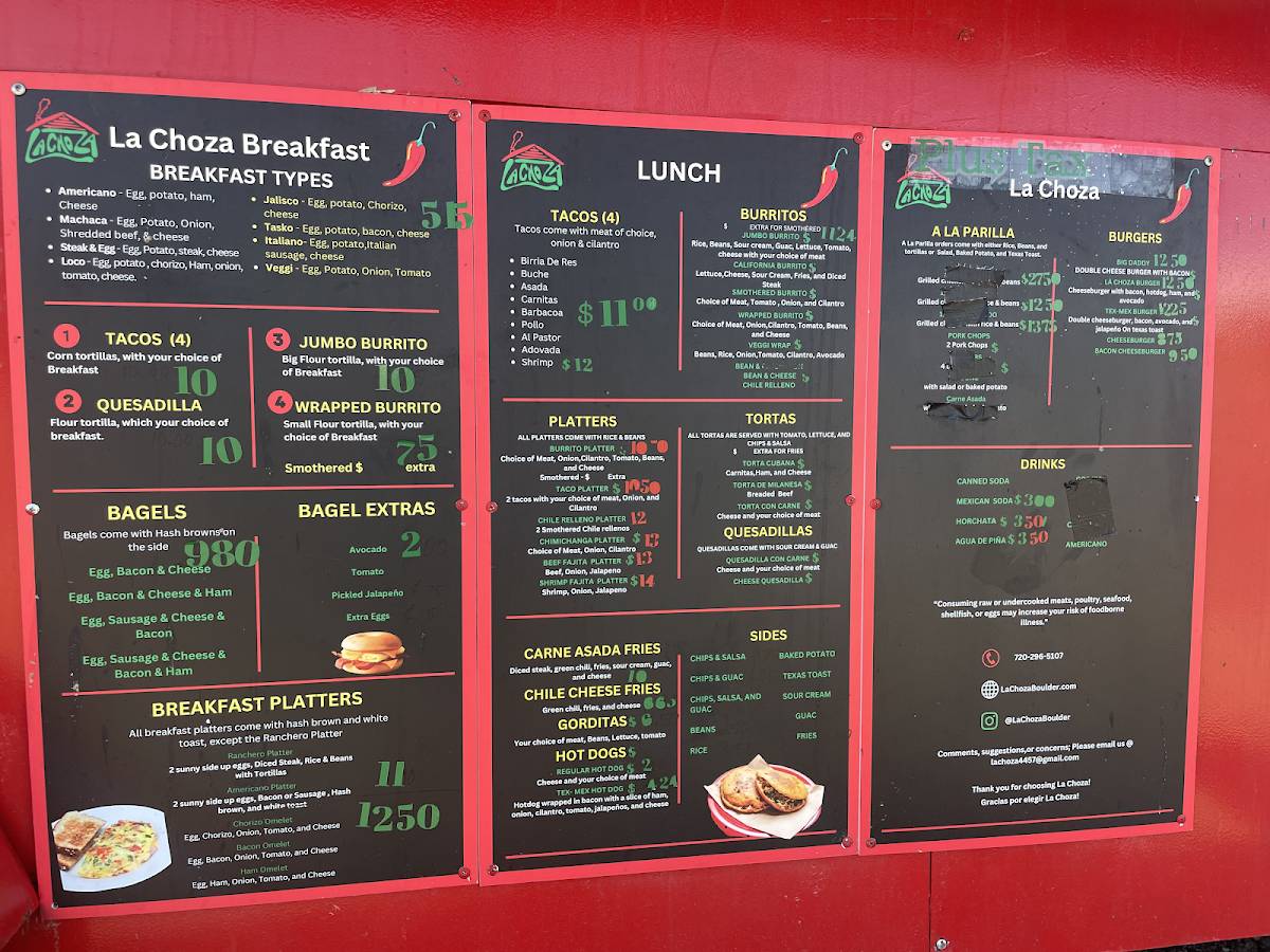Menu at La Choza restaurant, Boulder, 47th St #3