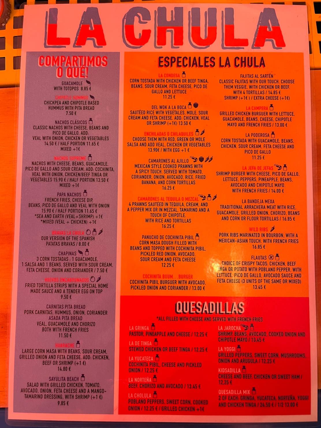 Carta del restaurante La Chula, Barcelona, Carrer del Rosselló