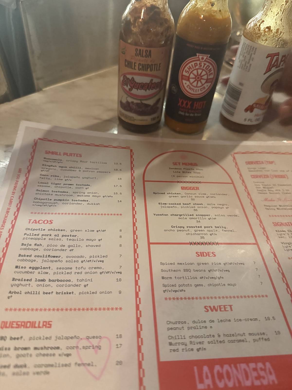 Menu at La Condesa restaurant, Subiaco