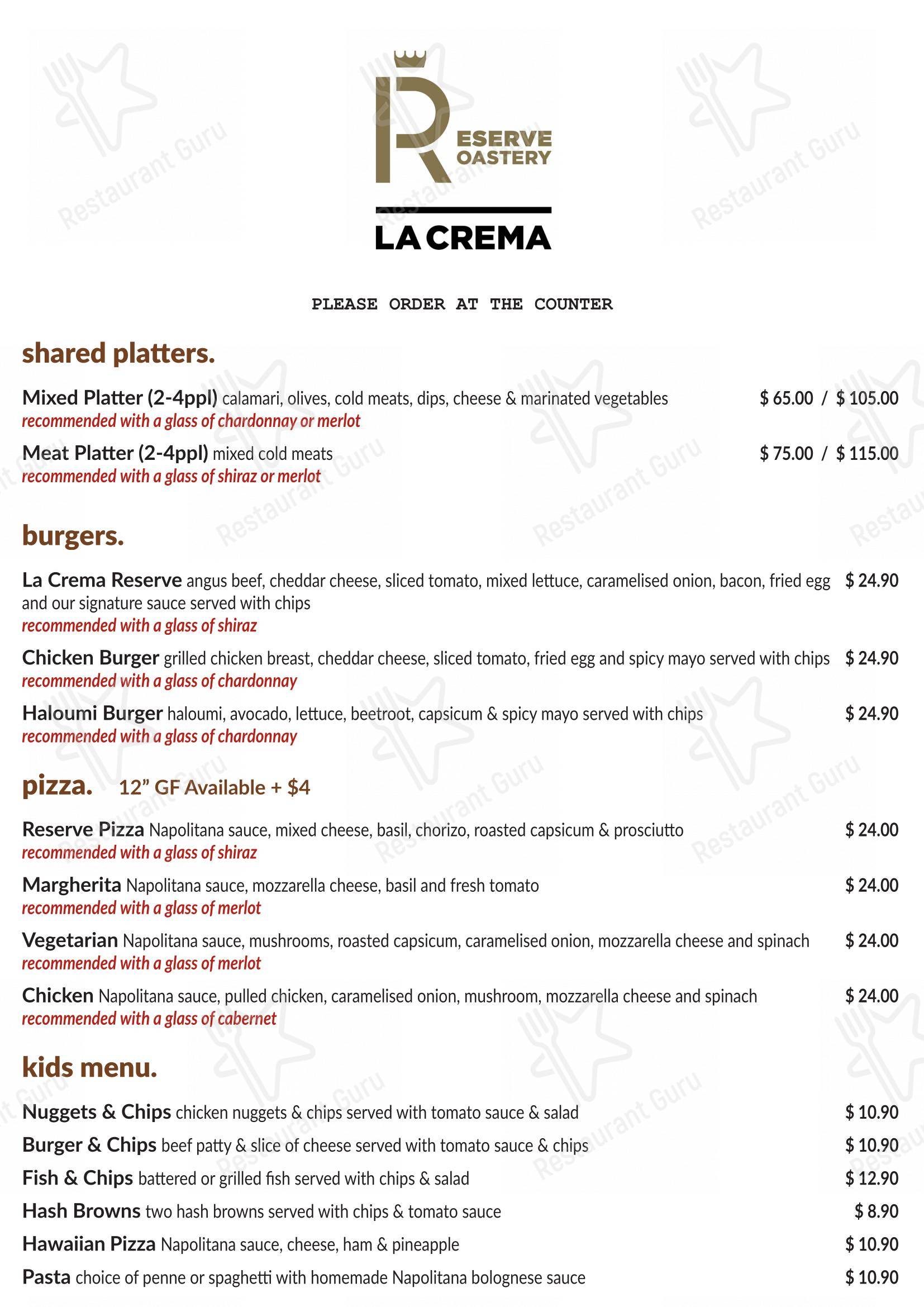Menu at La Crema Reserve Roastery cafe, Saint Marys