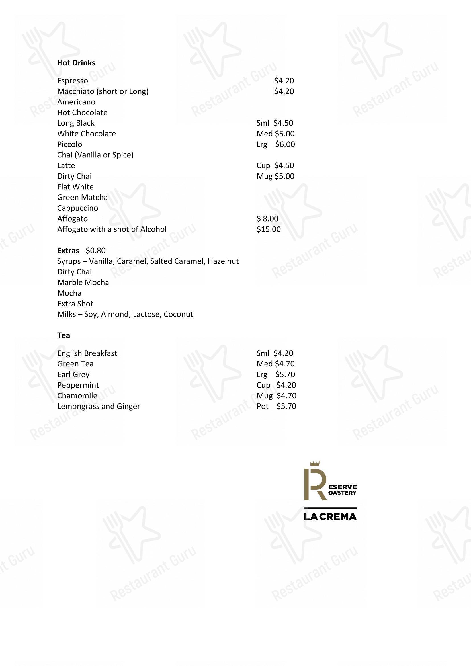 Menu at La Crema Reserve Roastery cafe, Saint Marys
