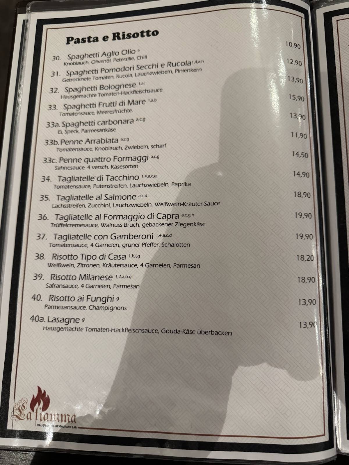 Speisekarte von La Fiamma restaurant, Köln, Höninger Weg 416