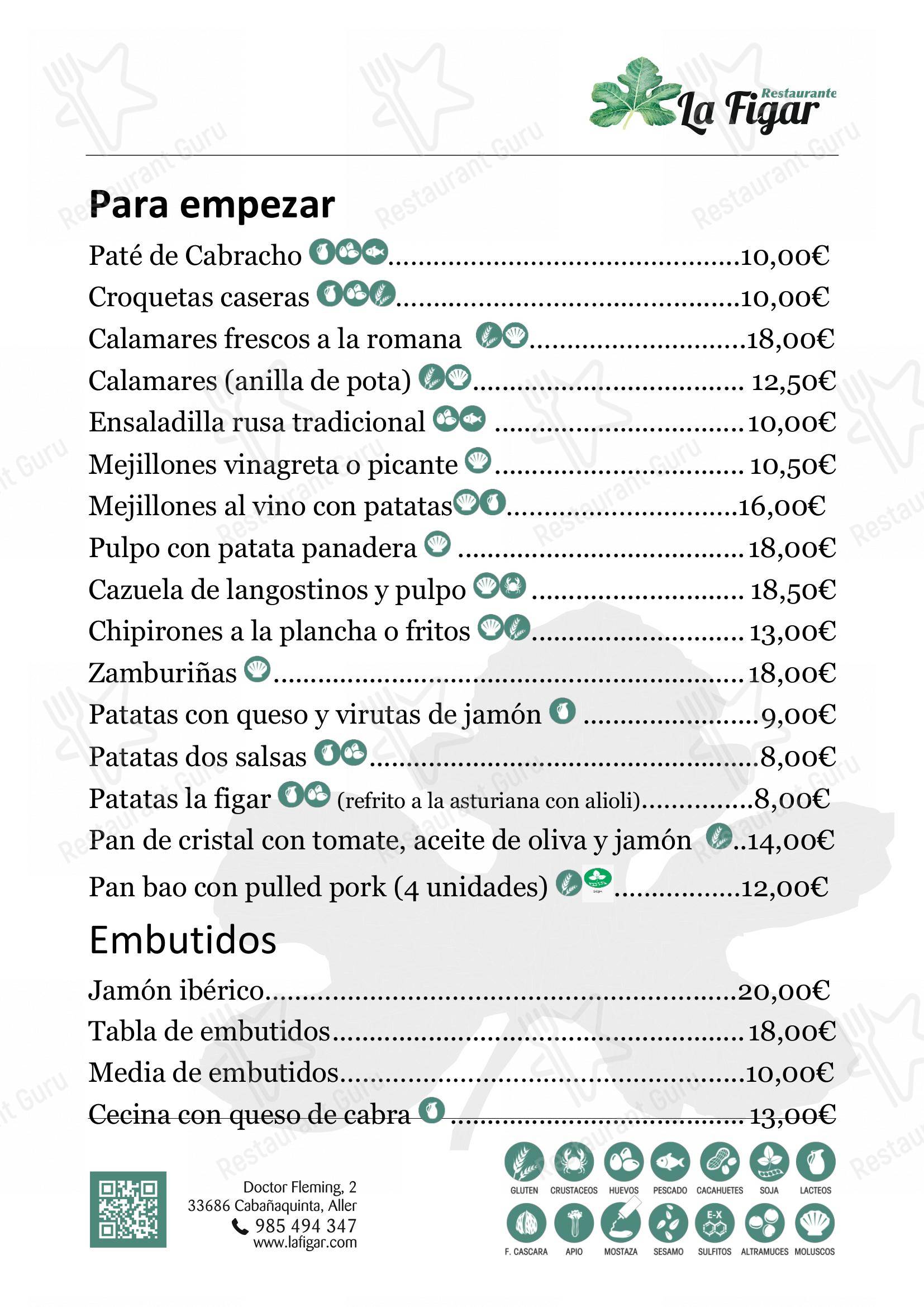 Carta de Restaurante La Figar, Cabañaquinta