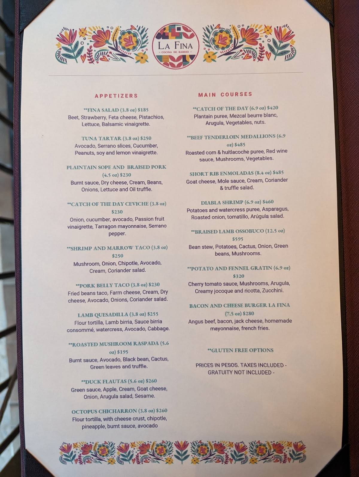 Menu at La Fina Cocina de Barrio, Puerto Vallarta