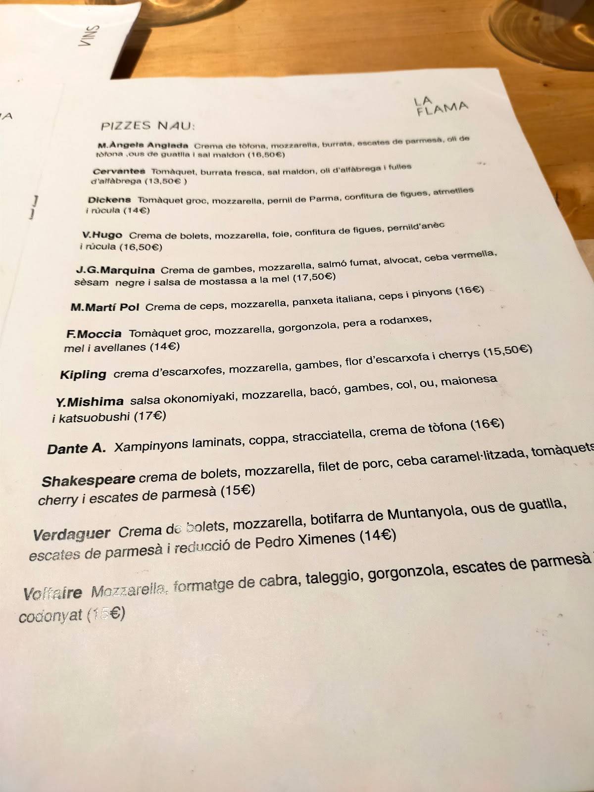 Carta del restaurante La Flama, Vich