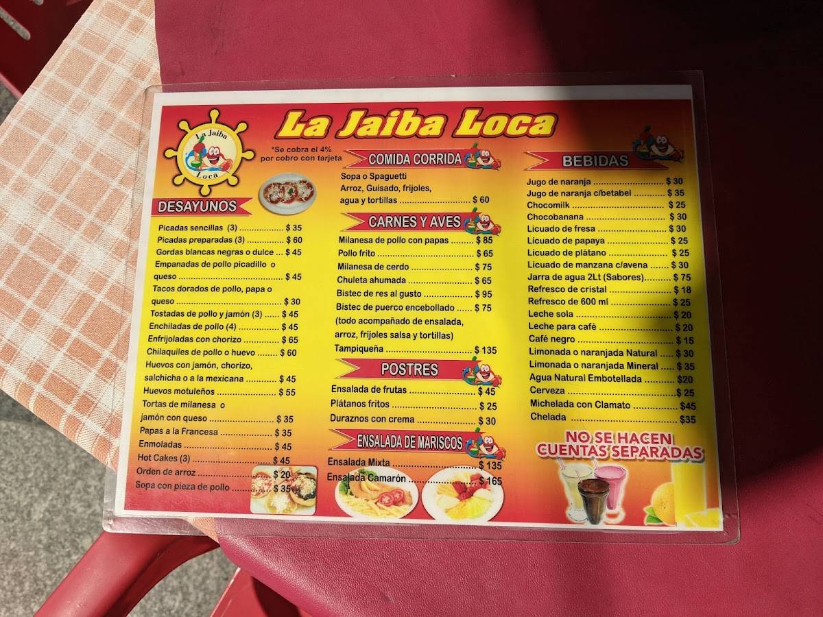 Menu at La Jaiba Loca restaurant, Veracruz