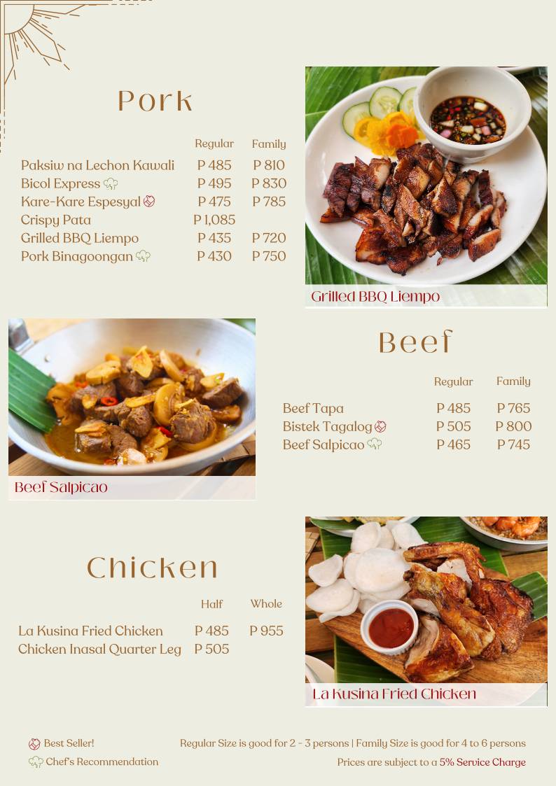 Menu at La Kusina at Carmelray restaurant, Calamba