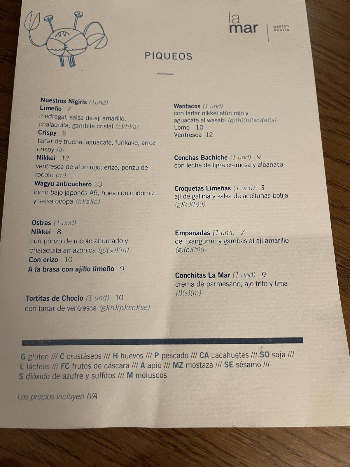 Menu at La Mar Madrid by Gastón Acurio restaurant, Madrid