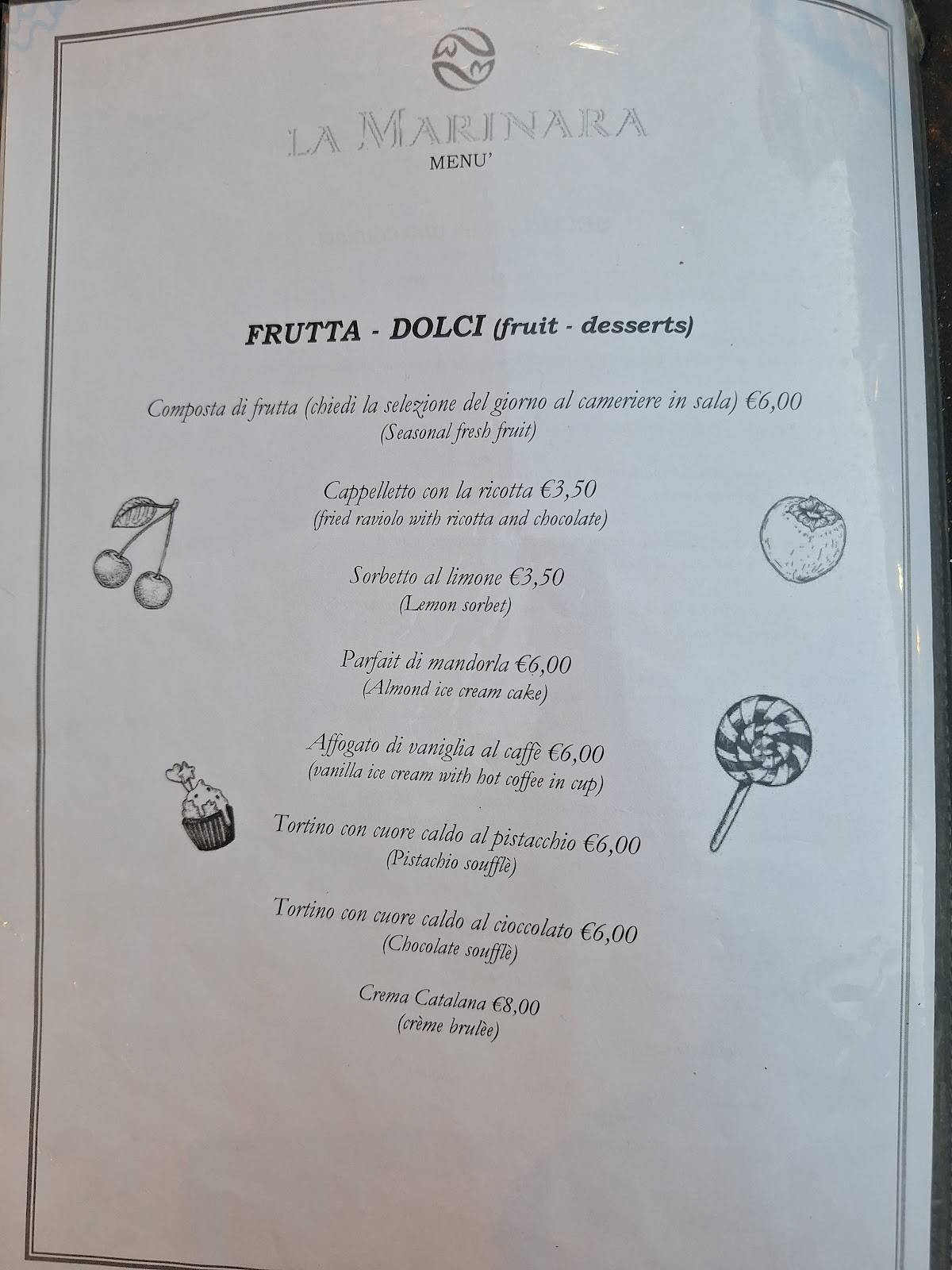 Menu da La Marinara ristorante, Marsala, Porta Garibaldi di fianco
