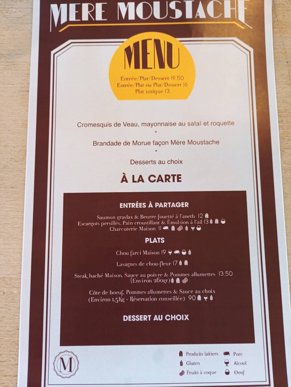 Menu au La Mère Moustache restaurant, Clermont-Ferrand