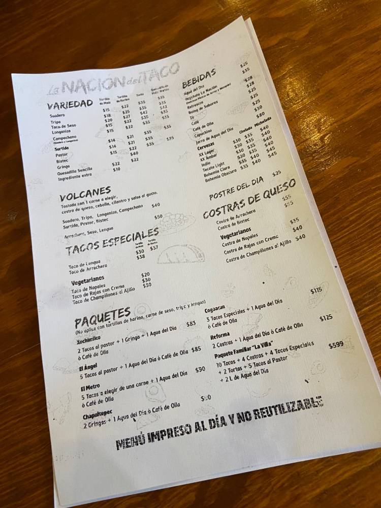 Carta del restaurante La Nación del Taco, San Cristóbal del las Casas