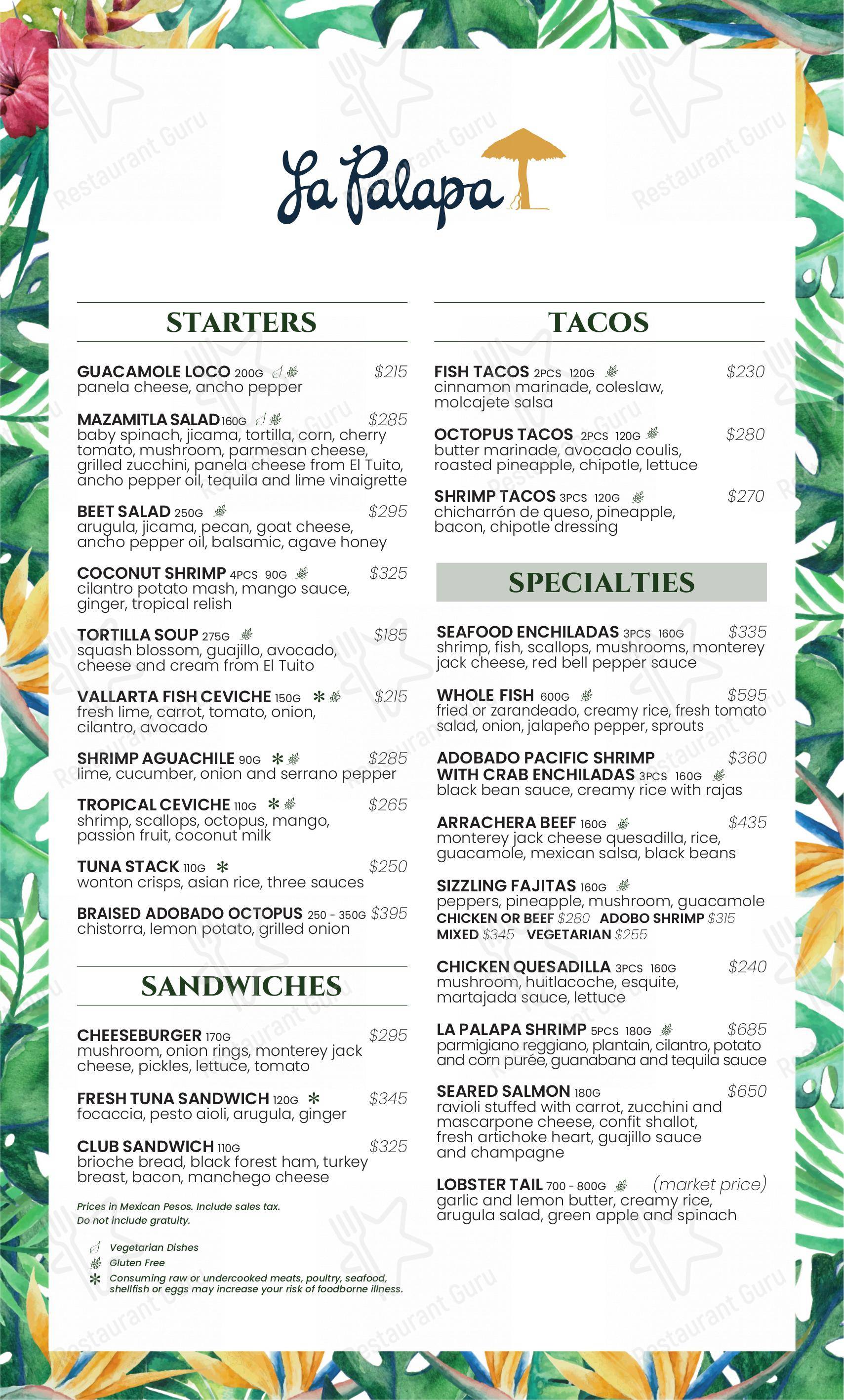 Menu at La Palapa Restaurant, Puerto Vallarta, Púlpito 105-3