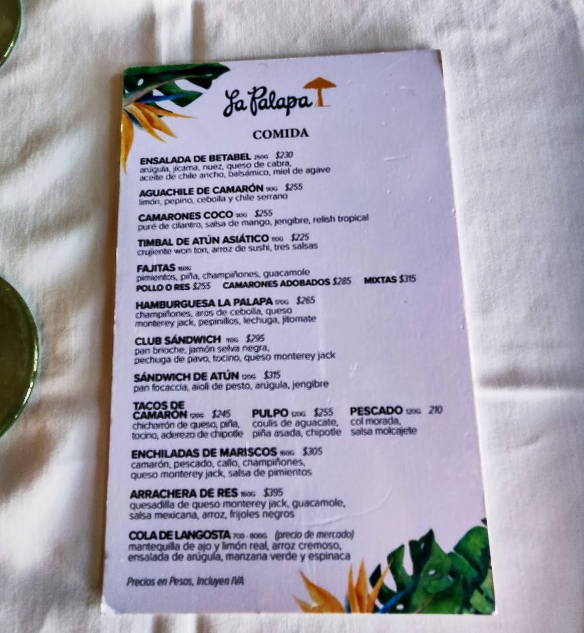 Menu at La Palapa Restaurant, Puerto Vallarta, Púlpito 105-3