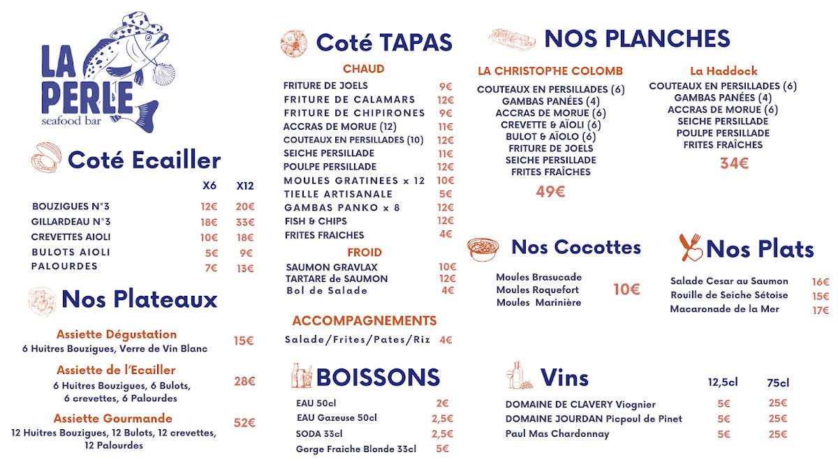 Carta de La Perle Bar de la mer, Jacou