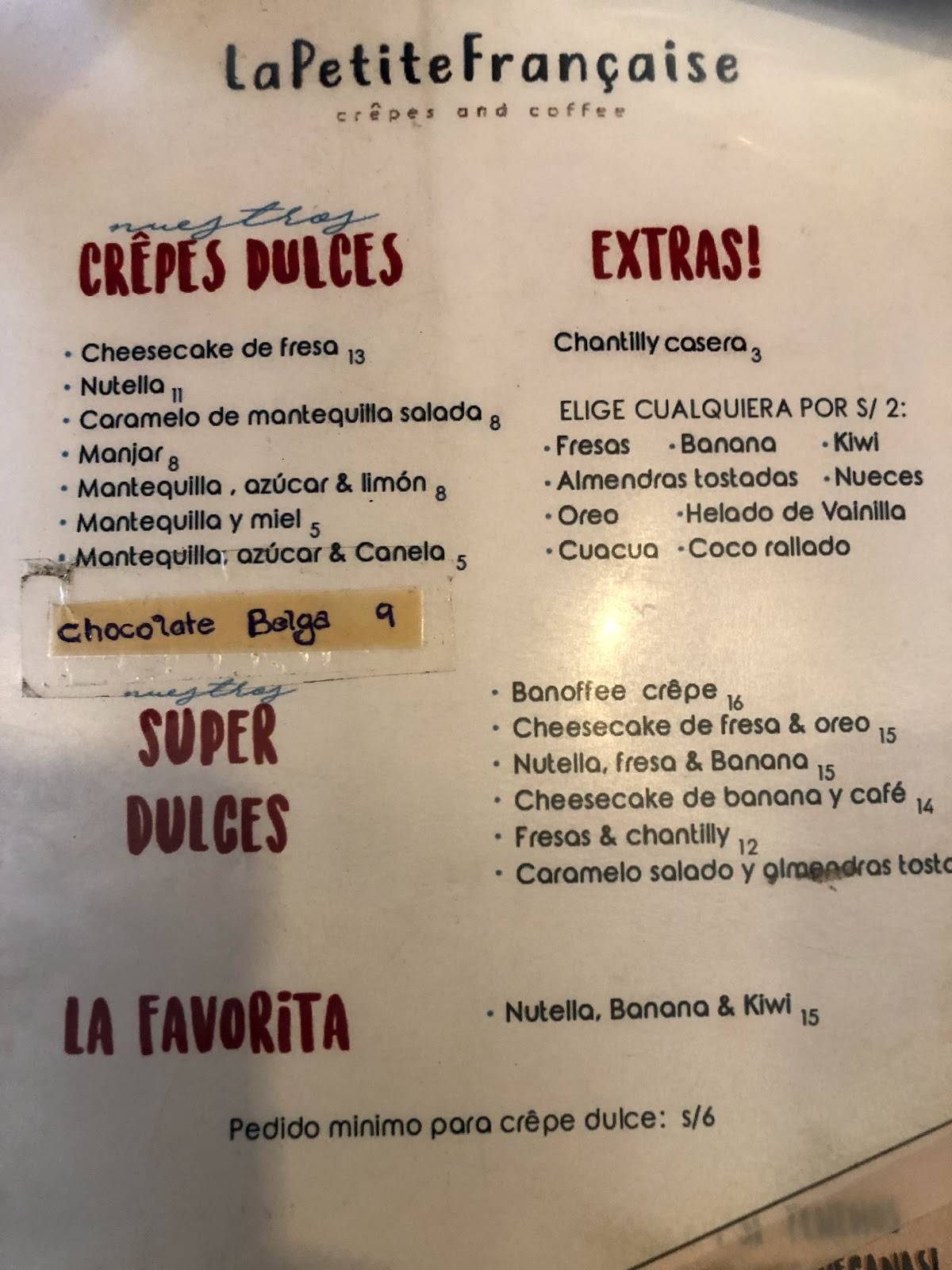 Menu at La Petite Francaise cafe, Arequipa