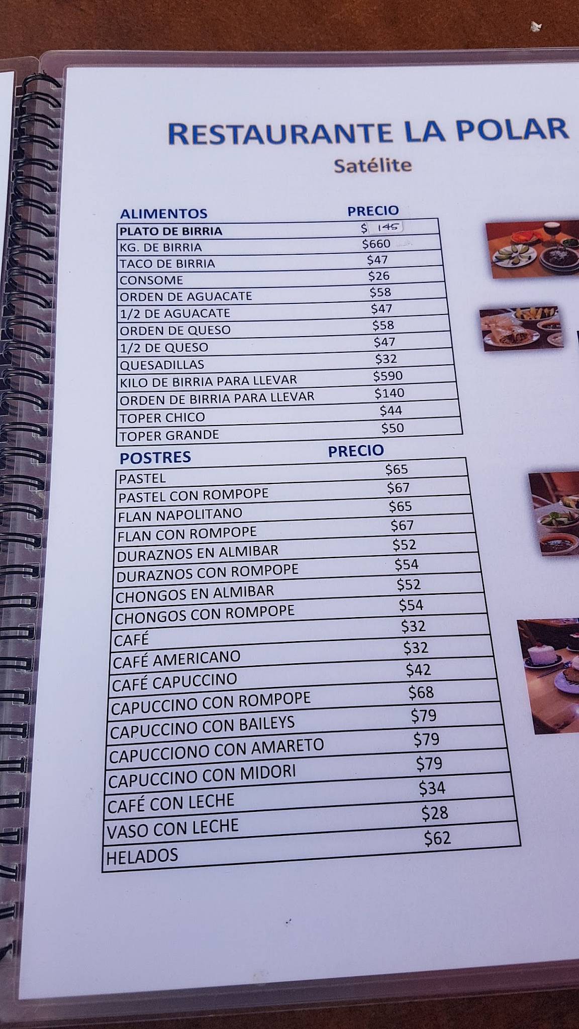 Carta del restaurante La Polar Satélite, Ciudad del México